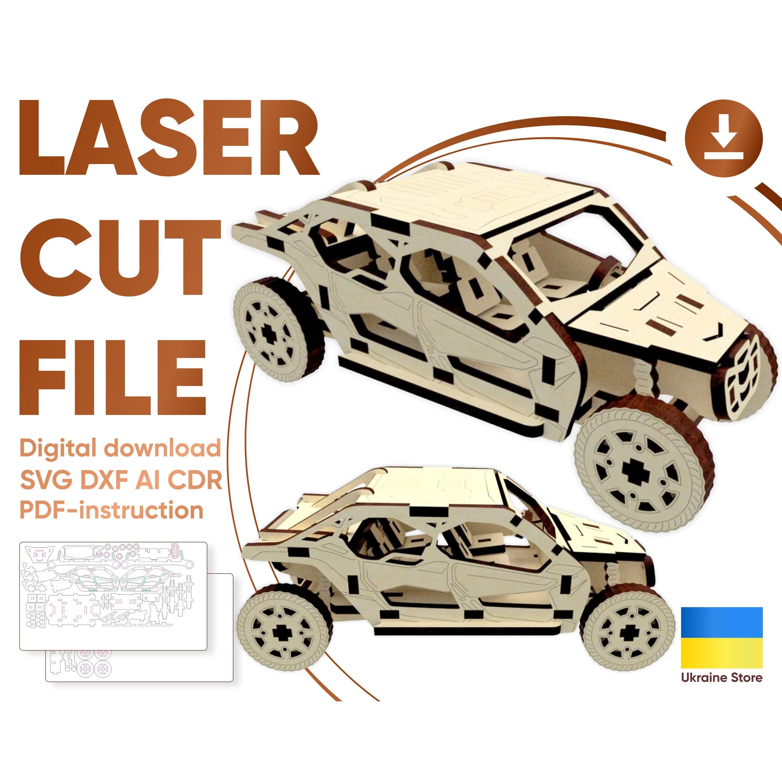 Buggy - Laser Cut File, SVG 3d Plywood Model - 3DSure