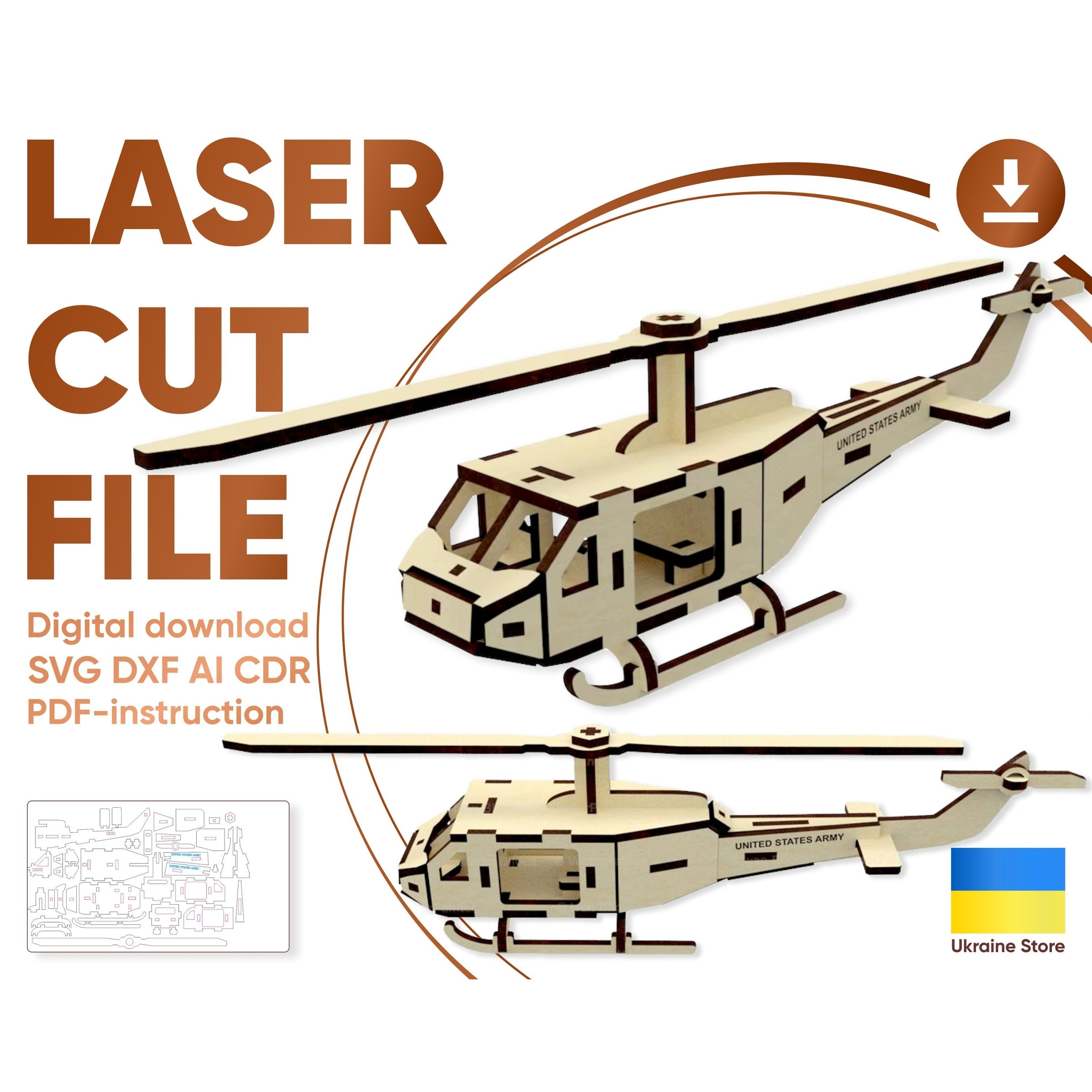 Helicopter - Laser Cut File, SVG plan of 3d puzzle project for Laser ...