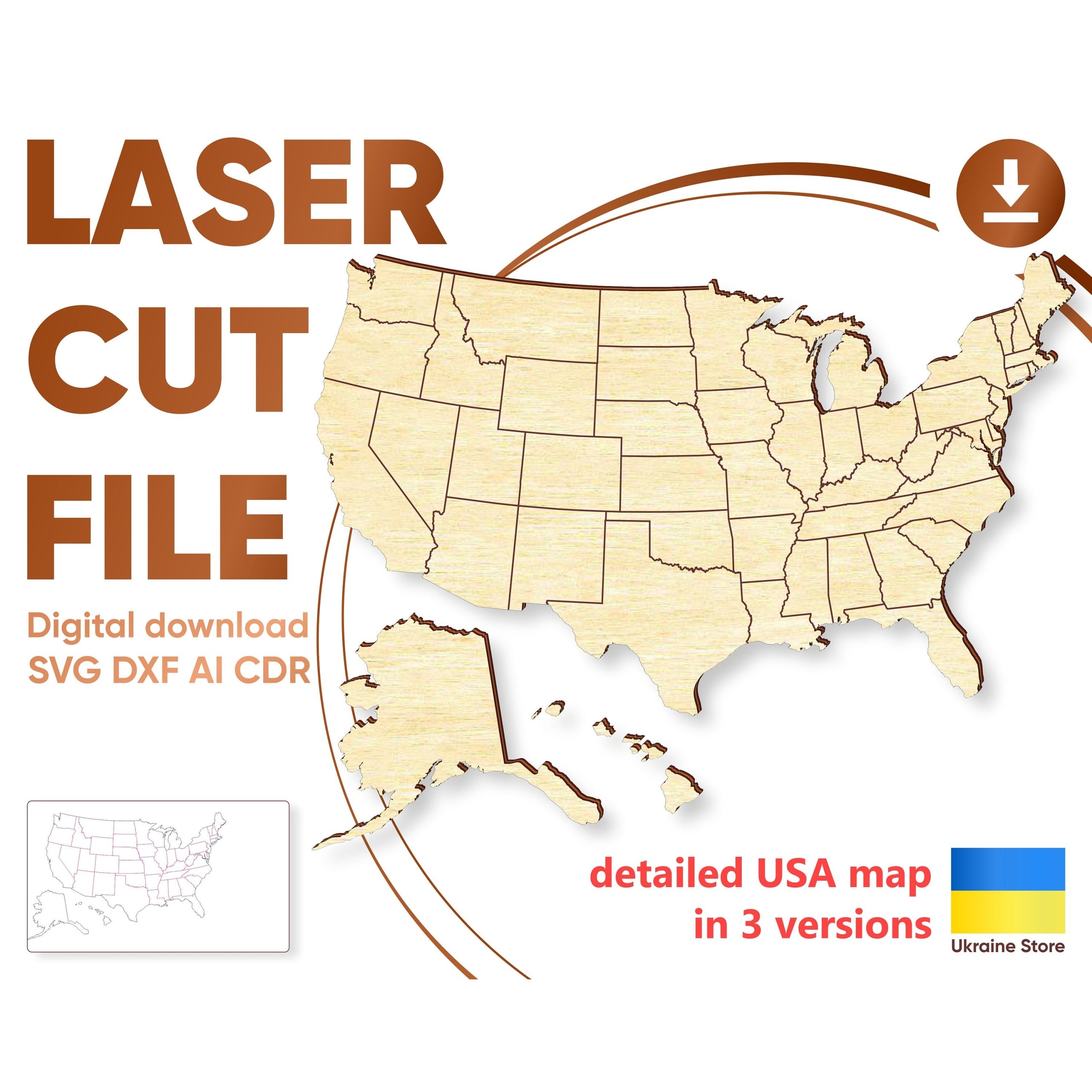 USA map - Laser Cut File, 3 versions - 3DSure