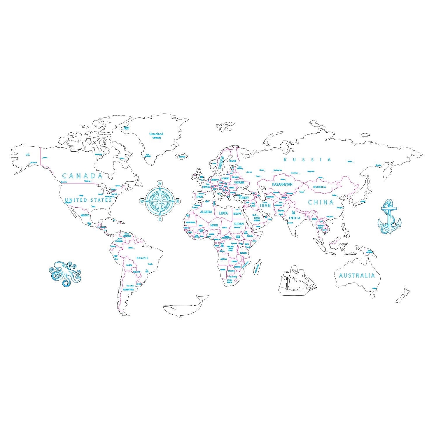 World map - laser cut file, laser engraving pattern - 3DSure