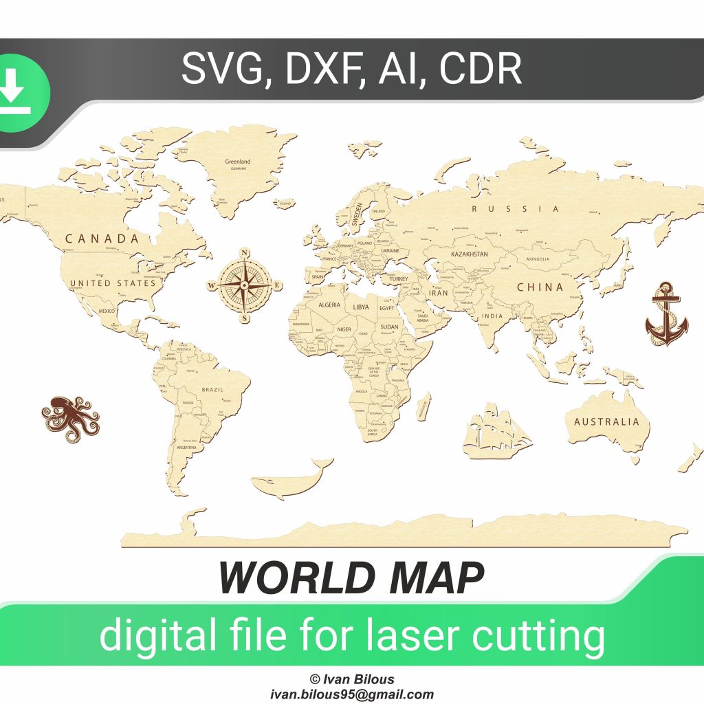 World map - laser cut file, laser engraving pattern - 3DSure