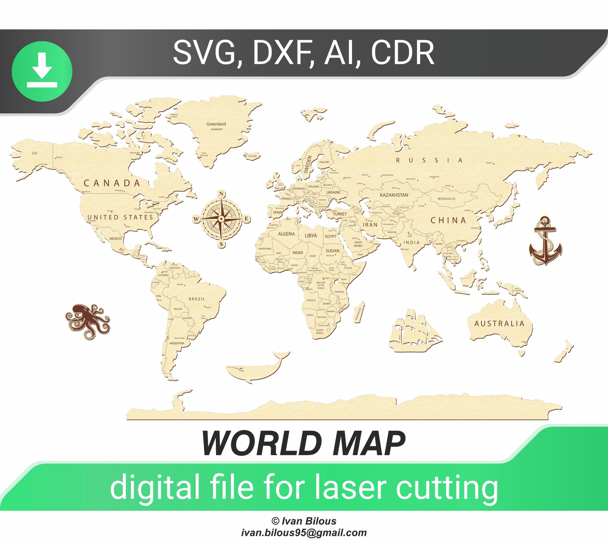 World map - laser cut file, laser engraving pattern - 3DSure